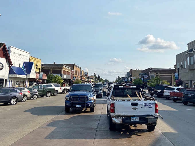 Pickup trucks cruise down Main Street where locals still park right in front of their favorite coffee shop.