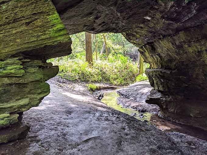 Peering out from beneath this natural stone bridge feels like discovering a secret hobbit hideaway in the forest.