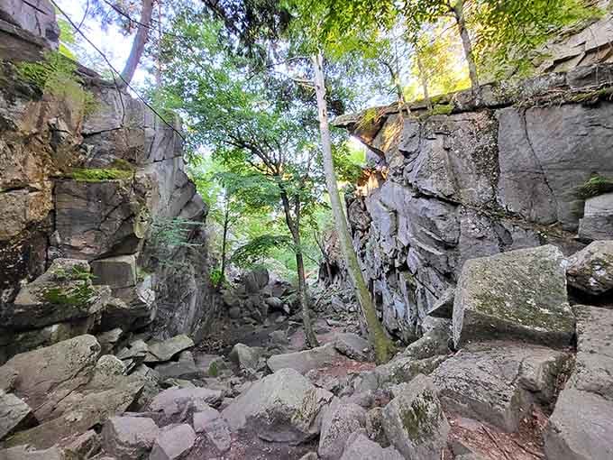 Towering rock walls split apart to create dramatic passages where moss-covered stones tell stories thousands of years old.