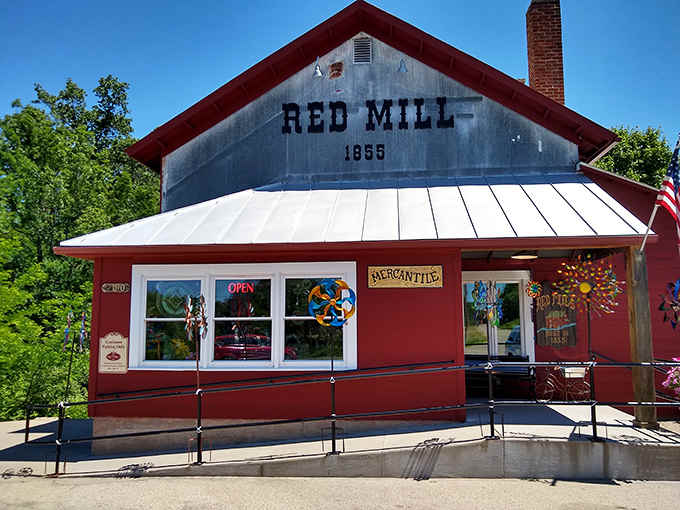 The Red Mill's cheerful facade promises sweet treats and warm hospitality, standing proud since before the Civil War.