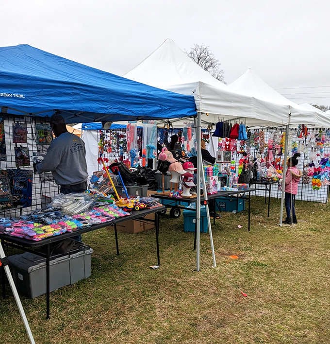 White and blue tents create shopping corridors packed with toys and trinkets that'll have you digging through bins like a kid.