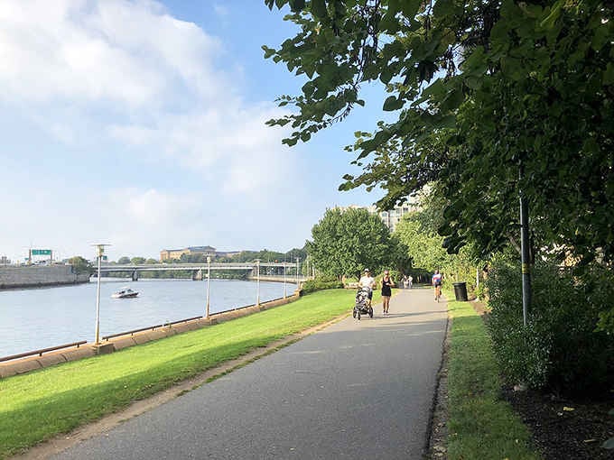 The riverside path curves gently past green lawns, inviting leisurely strolls where boats and bridges share the view.