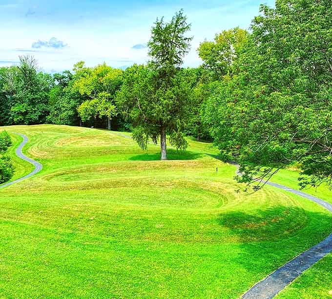 Ancient earthworks curve across the landscape like a giant green serpent frozen in time for millennia.