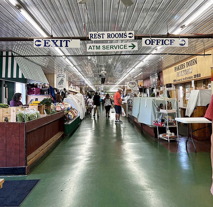 The corrugated metal ceiling and vintage signs create an authentic market atmosphere that modern stores just can't replicate anymore.