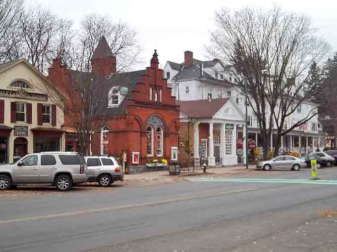 Historic buildings gather around the town common like they're posing for their annual Christmas card photo shoot together.