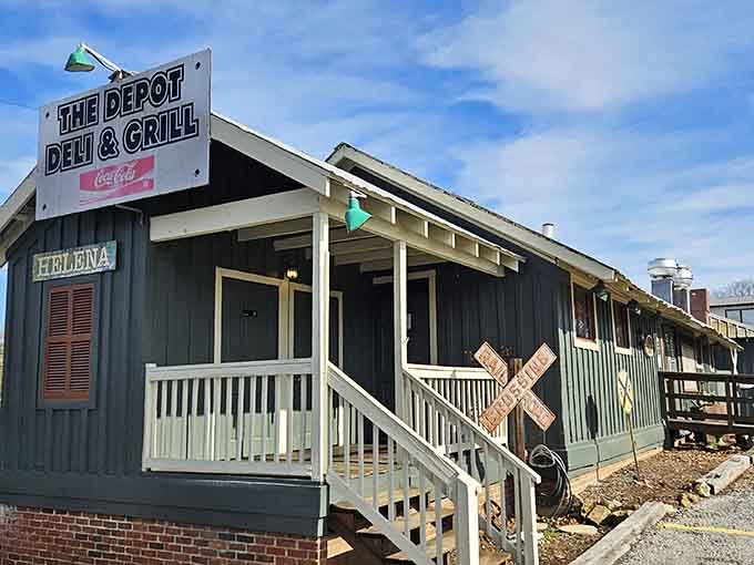 The cheerful green siding and white porch railings give this depot a welcoming, small-town diner vibe that's irresistible.