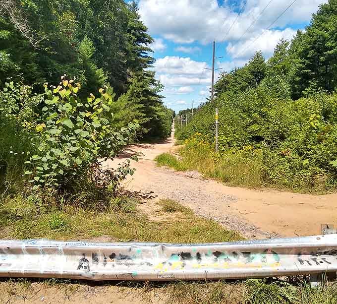 Overgrown brush crowds this sandy path where mysterious lights reportedly dance in the darkness beyond.