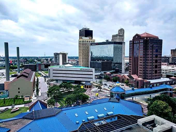Those bright blue roofs add a splash of personality to the waterfront, proving functional can also be fun.