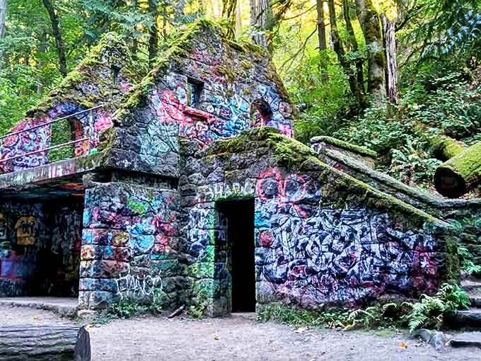 Moss-covered stone walls and vibrant graffiti create an unexpected collision of nature and urban art.