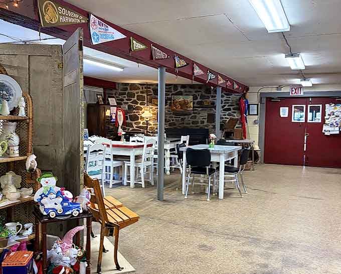 Stone walls and pennants create a cozy corner that feels like shopping in your favorite neighbor's basement.