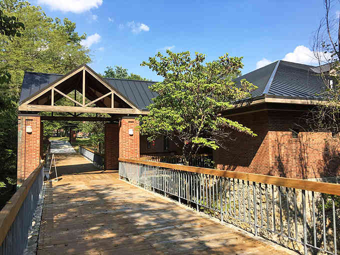 Modern craftsmanship meets natural beauty in this stunning pedestrian bridge that invites exploration and peaceful river views.