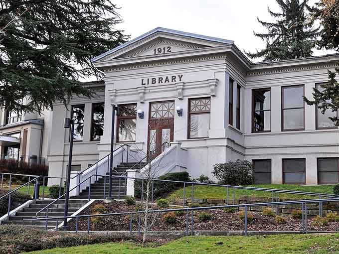 That classical library facade with its grand columns and 1912 date stamp speaks to an era when buildings were built to impress.