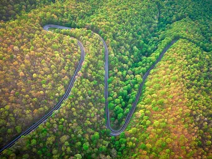 From above, the road snakes through fall foliage like a ribbon someone dropped on a painter's palette.