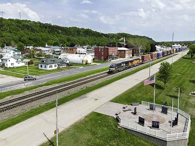 Railroad tracks run alongside town like a steel ribbon, connecting this community to the wider world beyond.