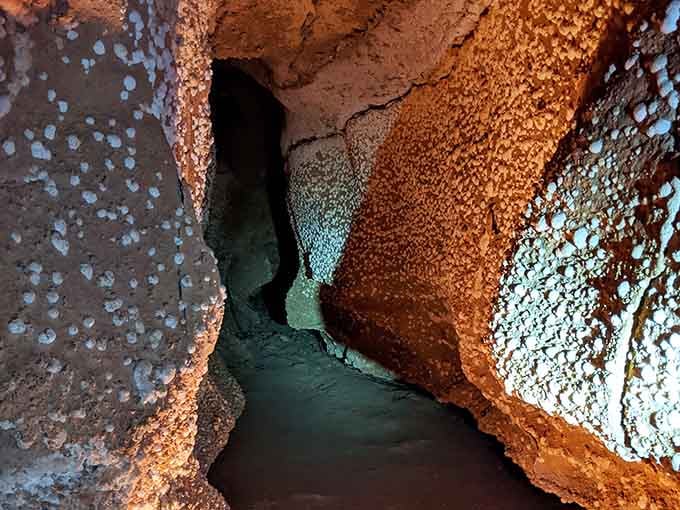 Cave walls shimmer with crystalline formations that catch the light like nature's own jewelry store display case.