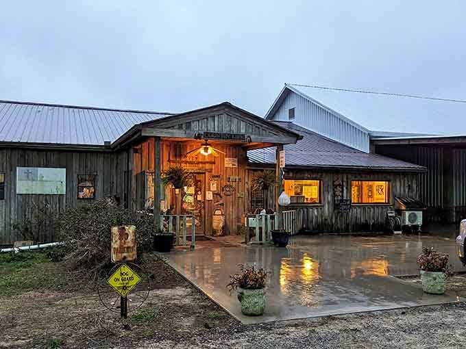 Rain-slicked pavement reflecting warm lights makes this rustic steakhouse look even more inviting than usual on any evening.