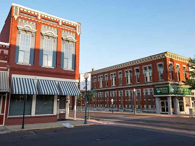 Morning light bathes these historic facades in warmth, making every brick glow like it's sharing a secret.