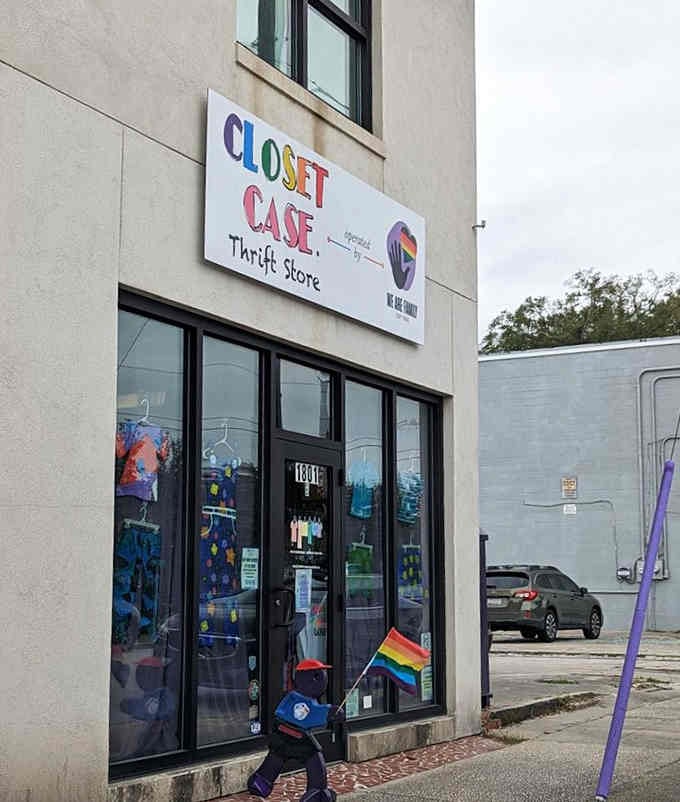 The rainbow-bright signage cheerfully announces that everyone's welcome to hunt for bargains here today.