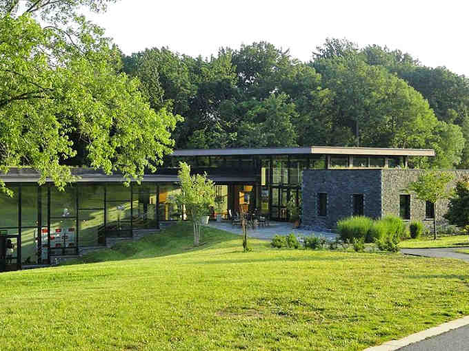 Modern architecture meets natural beauty where glass walls invite the surrounding forest to become part of the experience.