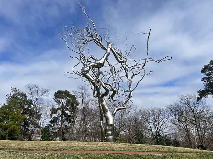 Twisted metal branches reach toward the clouds, creating a tree sculpture that looks alive despite its silver surface.