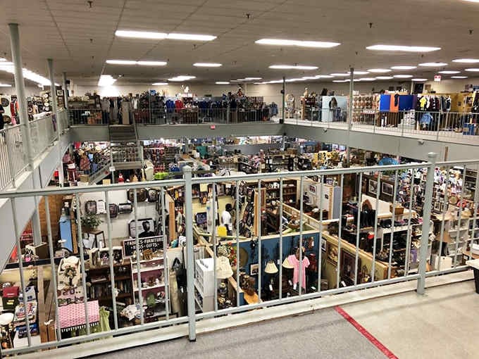 Looking down from the second level reveals a maze of booths stretching endlessly below like a treasure hunter's dream.