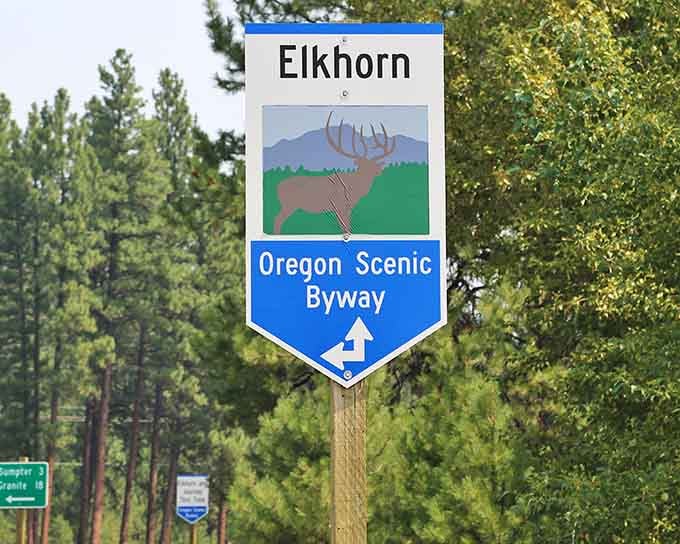 The Elkhorn Scenic Byway sign promises adventure ahead, complete with that majestic elk watching over your journey.
