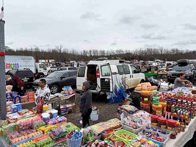Tables laden with colorful snacks and household goods stretch endlessly, proving one person's surplus becomes another's perfect discovery.