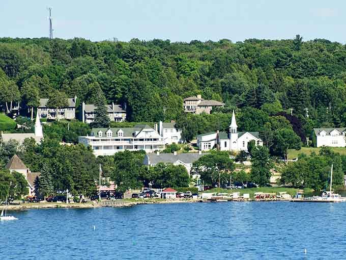 Elegant homes cascade down the hillside toward Eagle Harbor, where every sunset view comes absolutely free with your morning coffee.