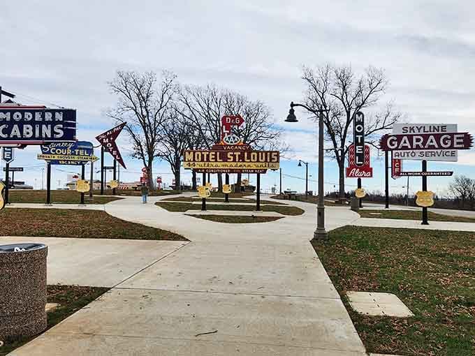 These restored signs stand like colorful soldiers in formation, preserving the roadside Americana that once guided cross-country dreamers westward.