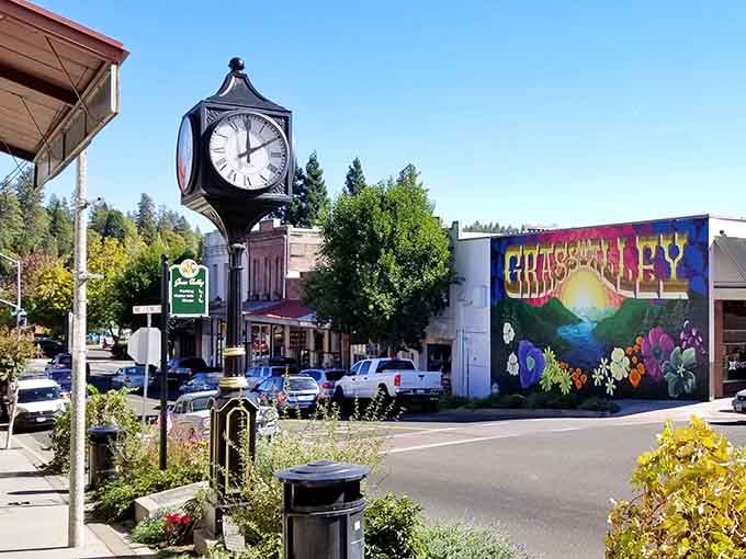That vintage clock tower stands like a town sentinel, reminding everyone that some places refuse to rush into the future.
