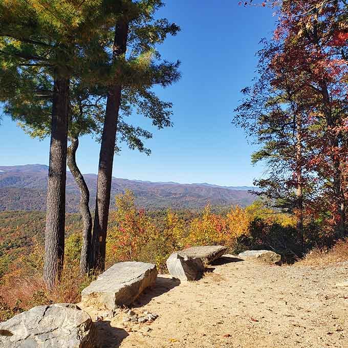 Fall foliage explodes in brilliant orange while stone benches offer front-row seats to this mountain masterpiece.