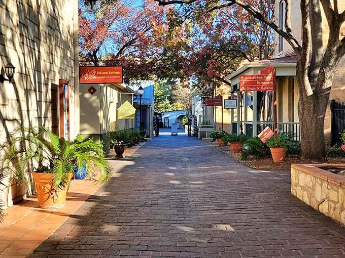 Potted plants and autumn colors line this pedestrian walkway like a European village square transplanted to San Antonio.