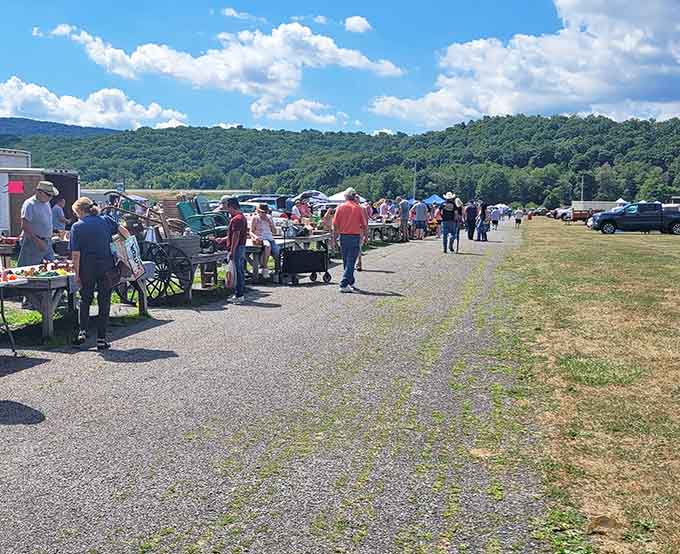 Rolling hills provide the backdrop for this country market where antique glassware sparkles under perfect blue skies.