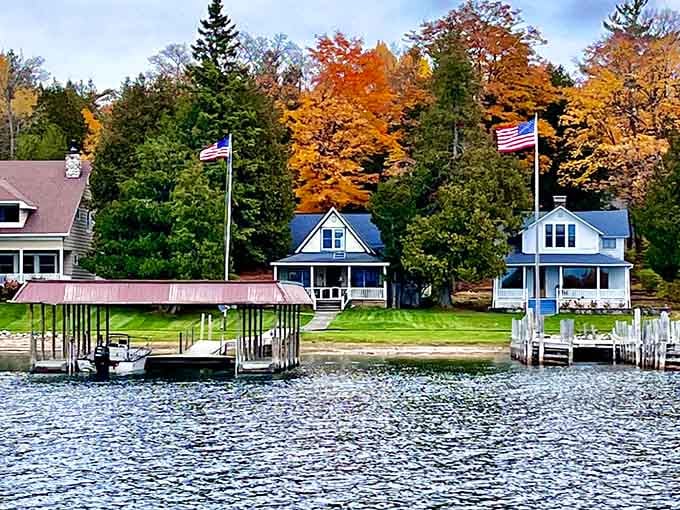 Charming waterfront cottages with their patriotic flags create a Norman Rockwell scene come to life perfectly.