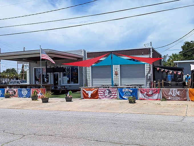 The colorful exterior with red and turquoise panels practically shouts "fun times ahead" from down the street.