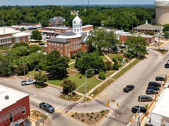 The famous courthouse sits proudly in downtown Monroeville, surrounded by trees and the town's rich literary history.
