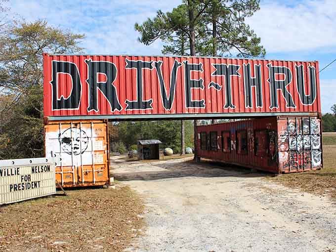 Colorful corrugated metal and quirky displays create a drive-through gallery celebrating creativity and American ingenuity.