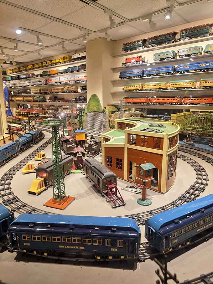 Shelves overflow with vintage locomotives from every era, a collector's paradise that'll transport you straight back to childhood.