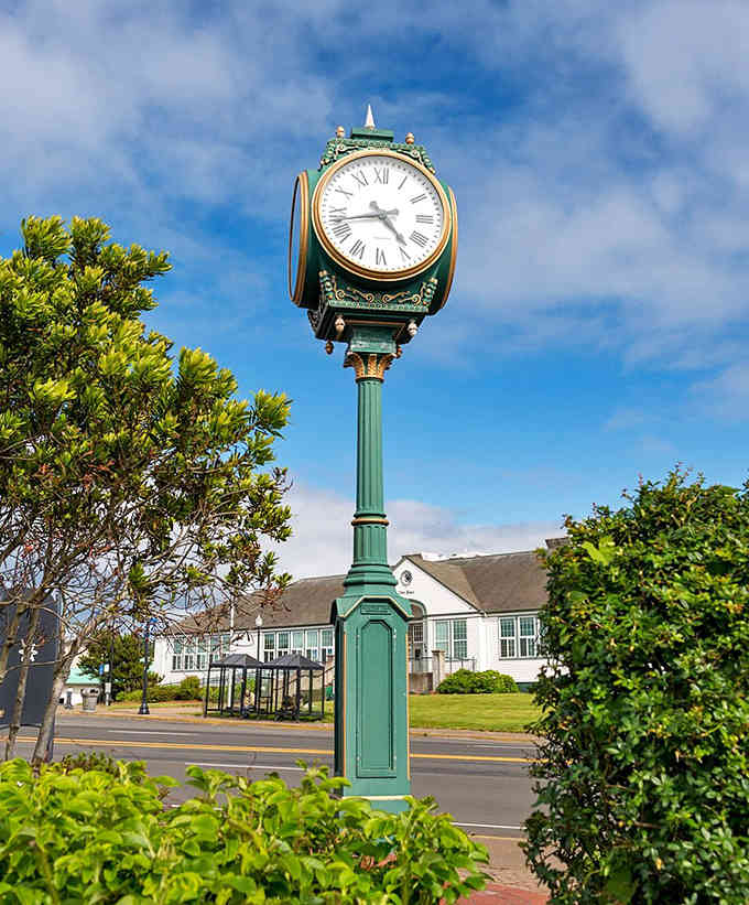 The town clock stands sentinel over Newport's streets, marking time in a place where nobody rushes anywhere.