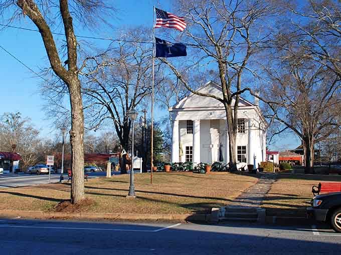 That white columned building stands proud as a wedding cake in the middle of town.