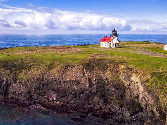 The sweeping aerial perspective shows this red-roofed beauty standing proud against dramatic cliffs and endless Pacific Ocean waves.