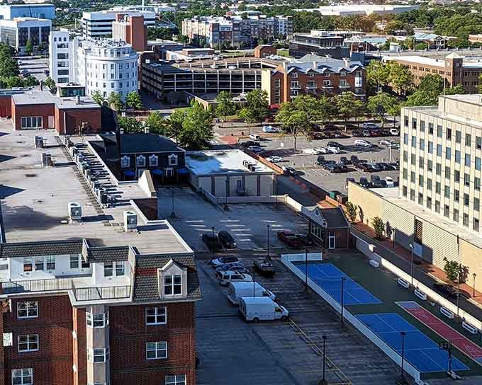 Rooftops and parking lots reveal the practical bones of a city that works for regular folks.
