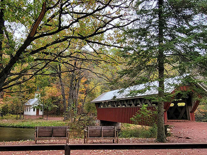 A charming covered bridge and historic mill create the perfect romantic backdrop for autumn strolls and wedding photos.