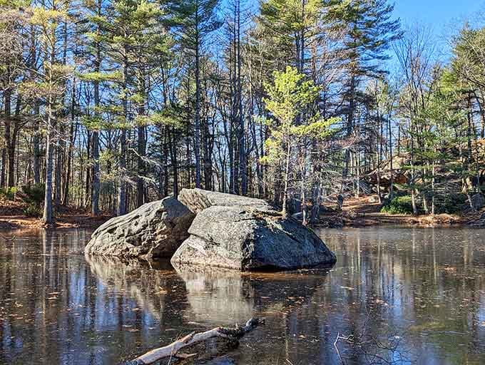 This massive glacial erratic sits reflected in still water, creating a scene of tranquil symmetry that soothes the soul.
