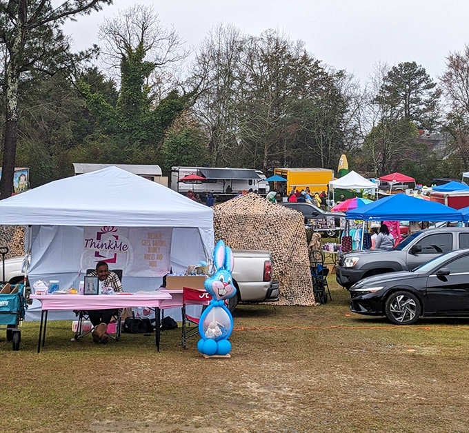 Those cheerful inflatable characters greet bargain hunters arriving at this sprawling outdoor market under overcast winter skies.