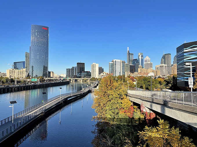 City skyline meets waterfront trail where urban energy and natural calm shake hands like old friends reuniting.