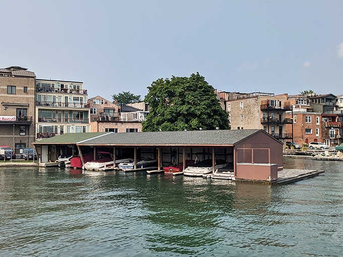 Boat slips line up like piano keys, each one playing its own note in this harbor's symphony.