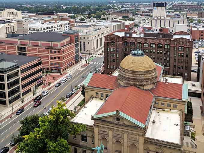 The bird's-eye view reveals a city that's grown thoughtfully, balancing progress with architectural heritage.