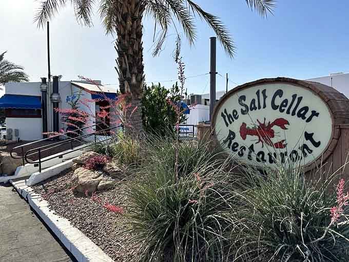 Palm trees sway above the entrance to this subterranean treasure where ocean flavors thrive in the heart of the desert.