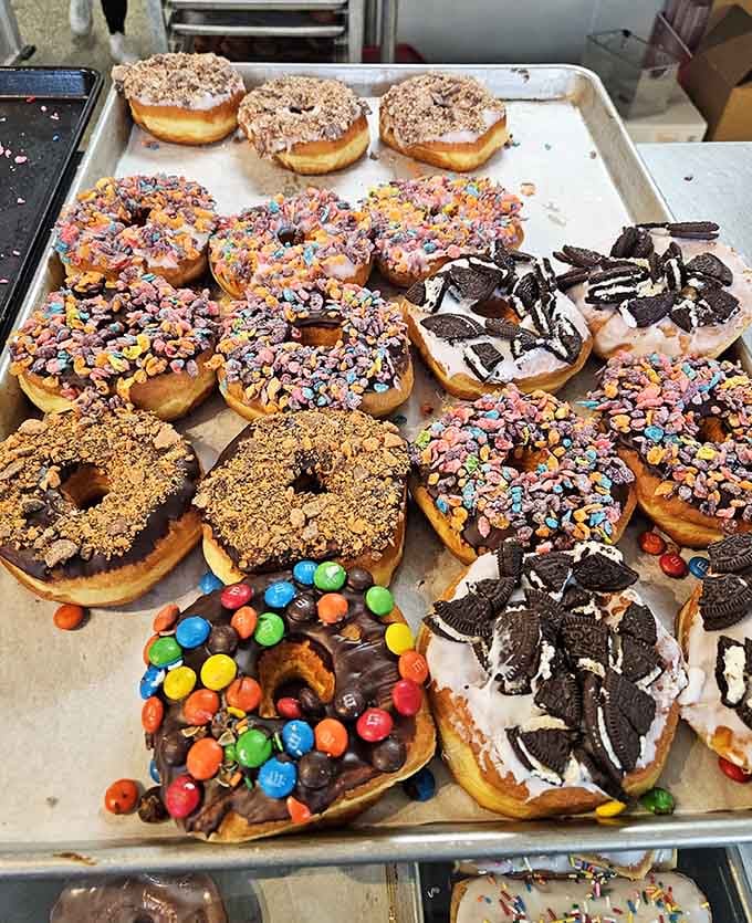 Donuts topped with everything from crushed cookies to candy, because subtlety is overrated when it comes to toppings.
